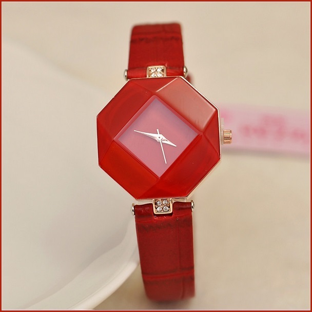 Red Octagon Square Face Crystals Quartz Analog Waterproof 18K Gold ...