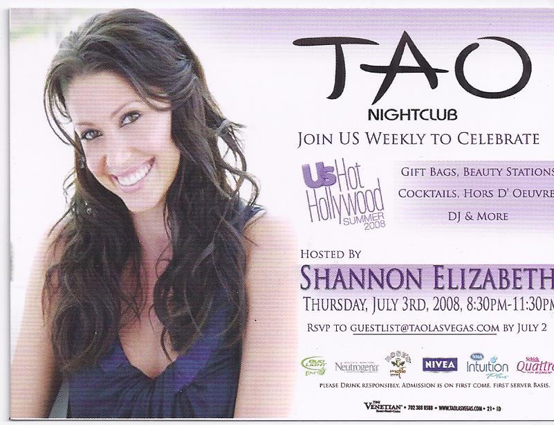 SHANNON ELIZABETH- FADAL at TAO Nightclub July 3rd Las Vegas Promo Card ...