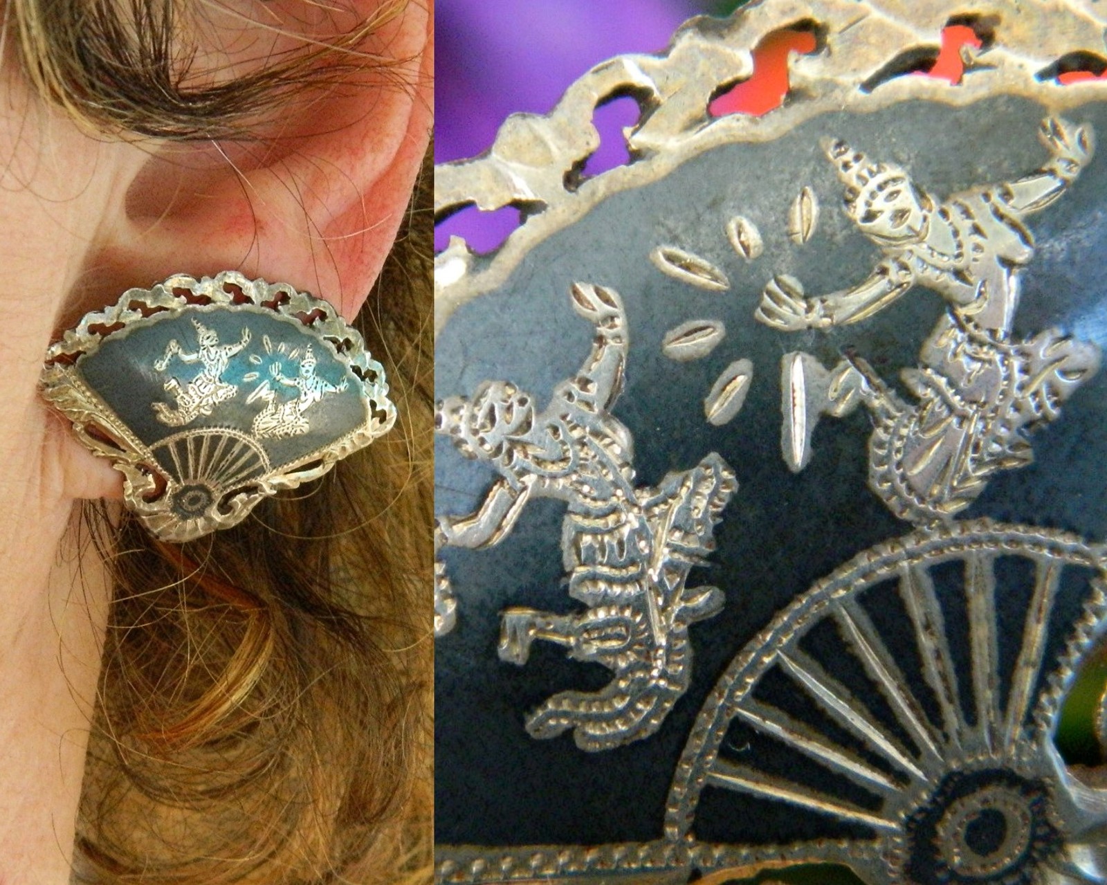 Vintage Niello Siam Fan Earrings Sterling Silver Dancers E Seng Chong ... Vintage Niello Siam Fan Earrings Sterling Silver Dancers E Seng Chong ...