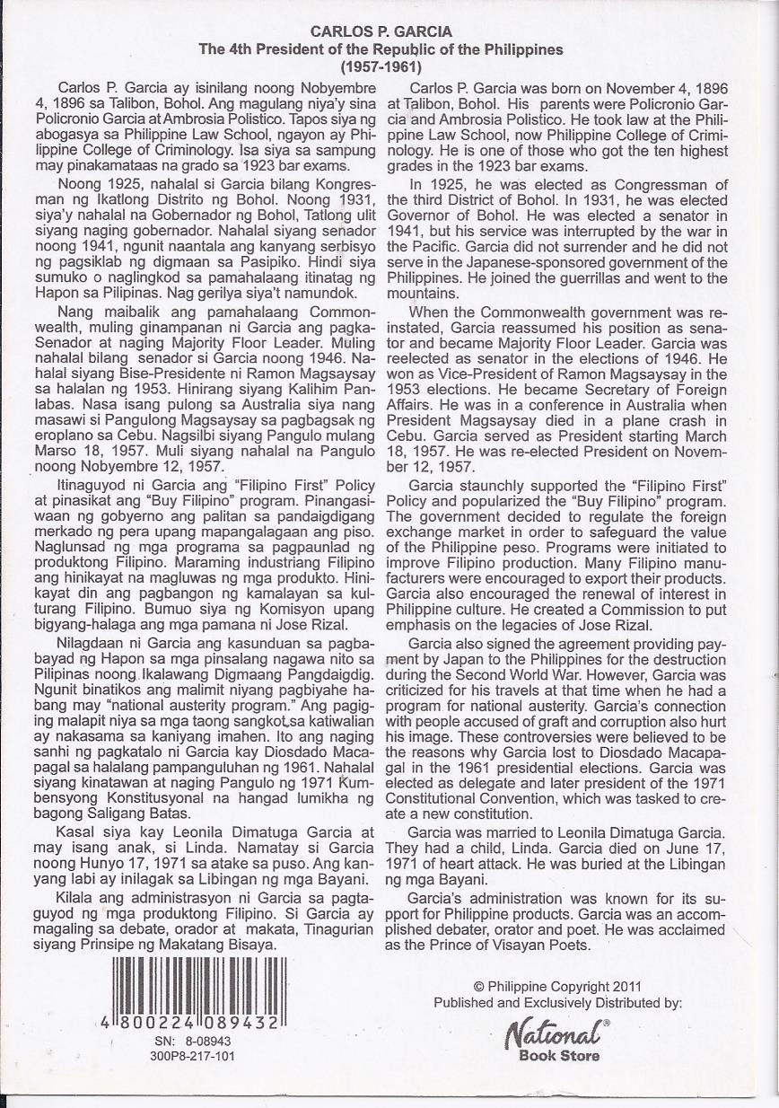 PHILIPPINES BIOGRAPHY:CARLOS P GARCIA 4th Pres of the Republic English ...
