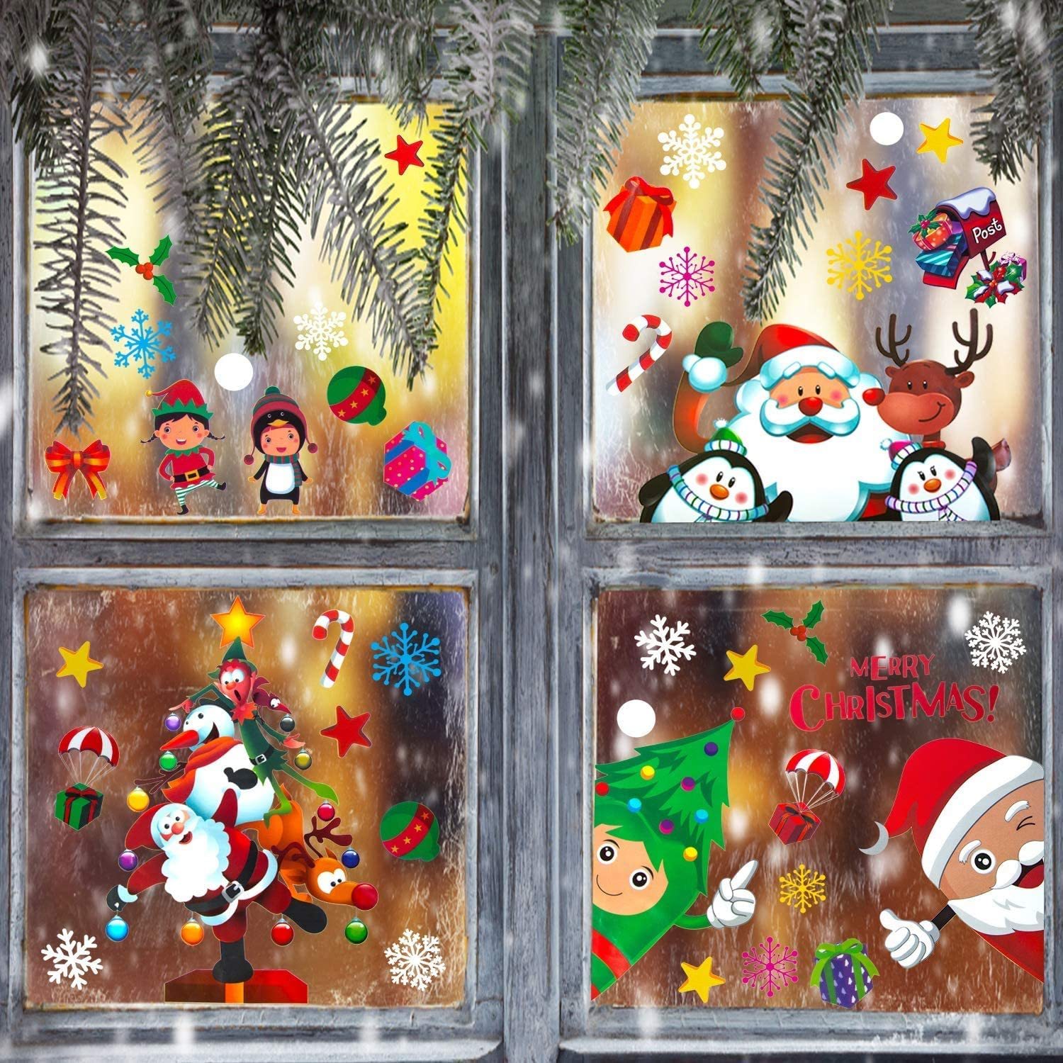 Window Stickers 9 Sheets Christmas Window Clings, 3D Pink Santa Claus ...