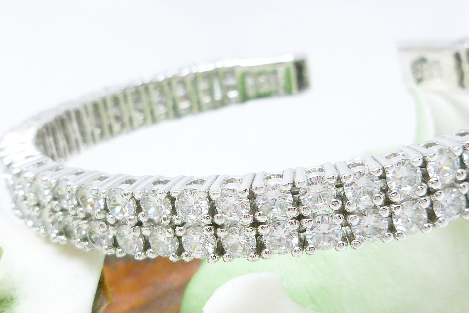 Sterling Silver Double Row Tennis Cuff Bracelet Simulated Diamonds