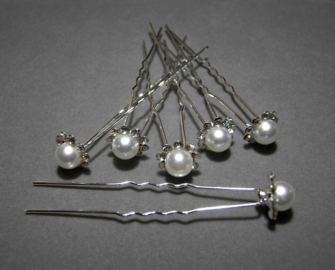 Rhinestone And Pearl Hair Pins Crystals Silver Plated 6 Piece Set