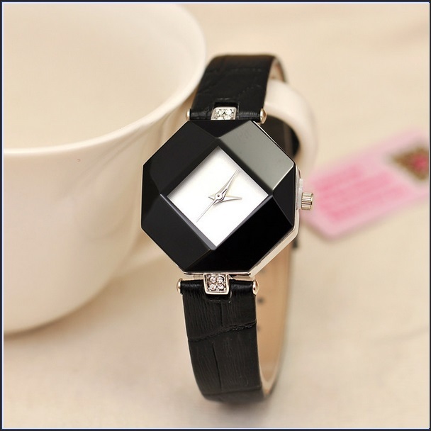 Black Octagon Square Face Crystal Quartz Analog Waterproof 18K Gold ...