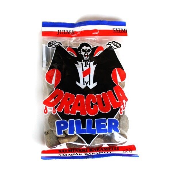 14 x bags of Dracula Piller 65g hard salmiakki flavoured candy - Licorice