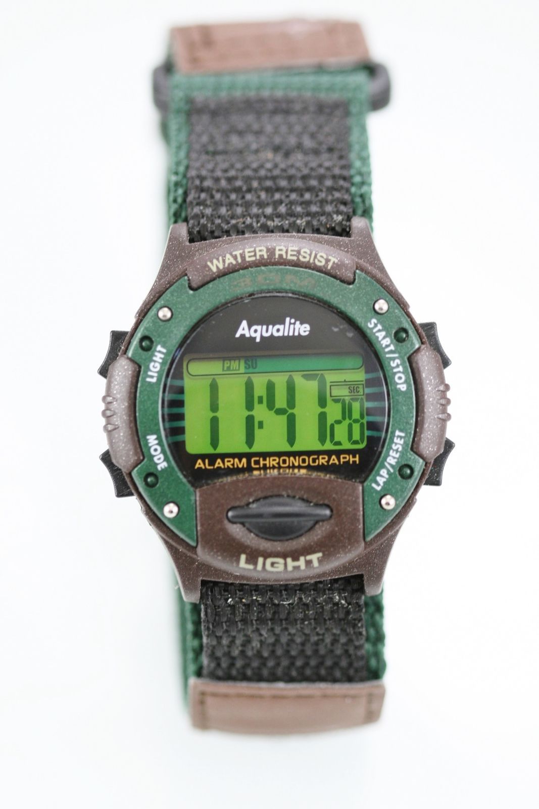 Aqualite Watch Mens Chrono Light Date Alarm 24hr Brown Green Nylon 30m ...