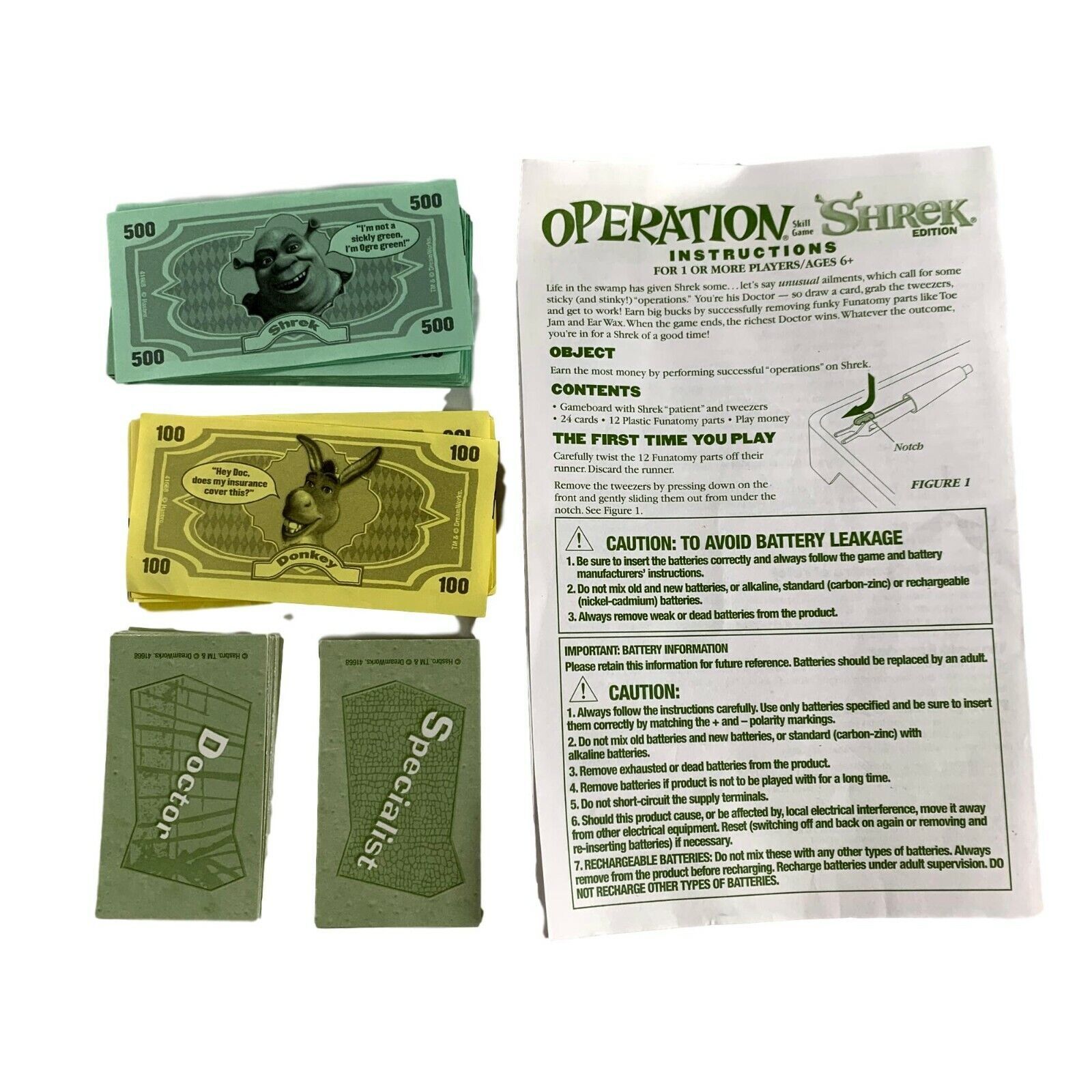 Hasbro Shrek Edition Operation Game Replacement Money Cards Instruction ...
