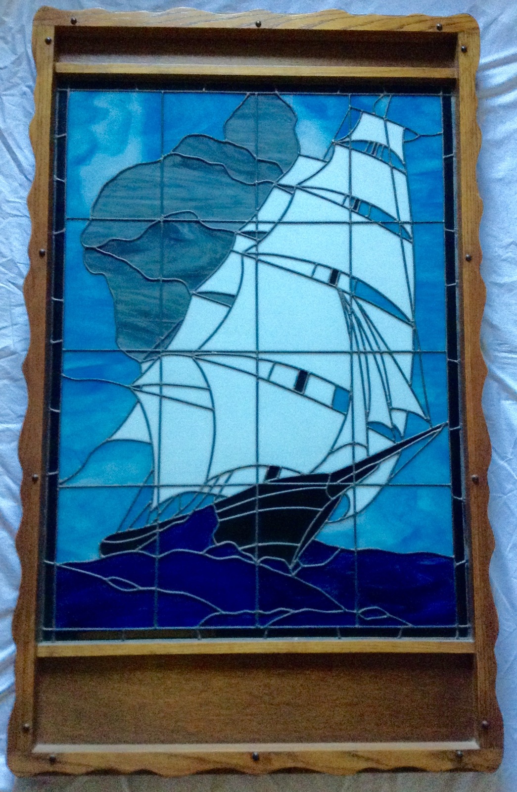 1880-1920 Arts and Crafts Stained Glass Window of Galleon in Original ...