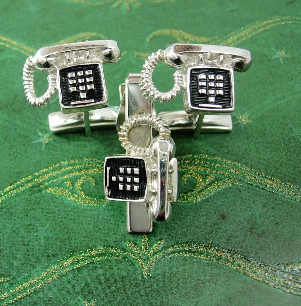 Pushbutton Telephone Cufflinks & Tie clip Vintage Phone clasp set ...
