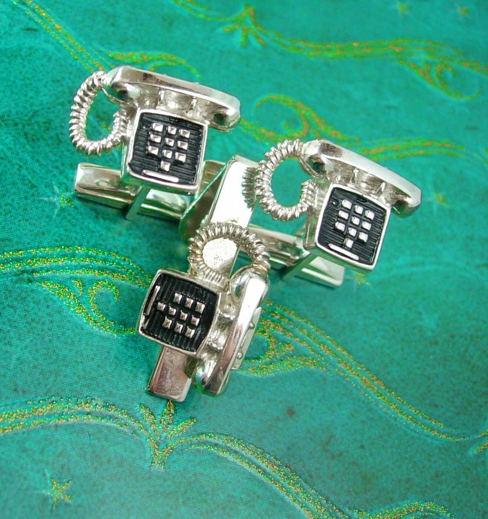 Pushbutton Telephone Cufflinks & Tie clip Vintage Phone clasp set ...