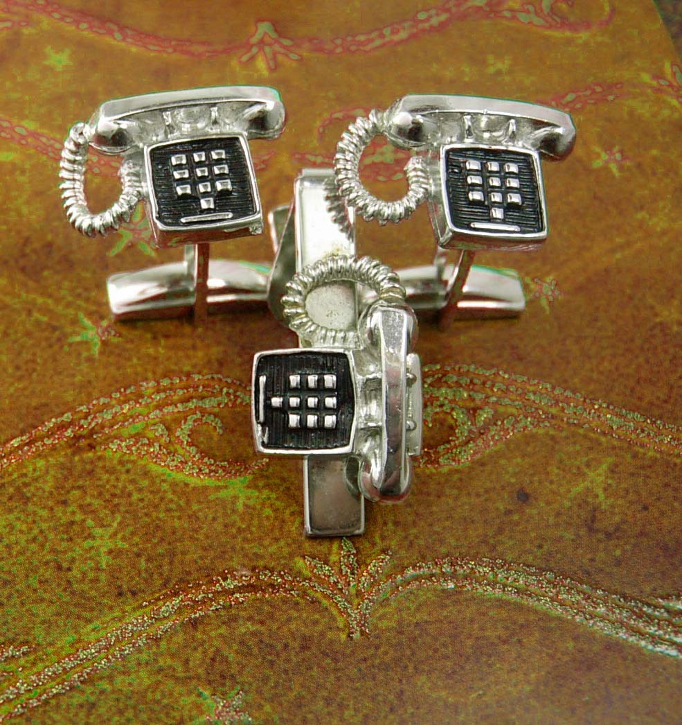 Pushbutton Telephone Cufflinks & Tie clip Vintage Phone clasp set ...