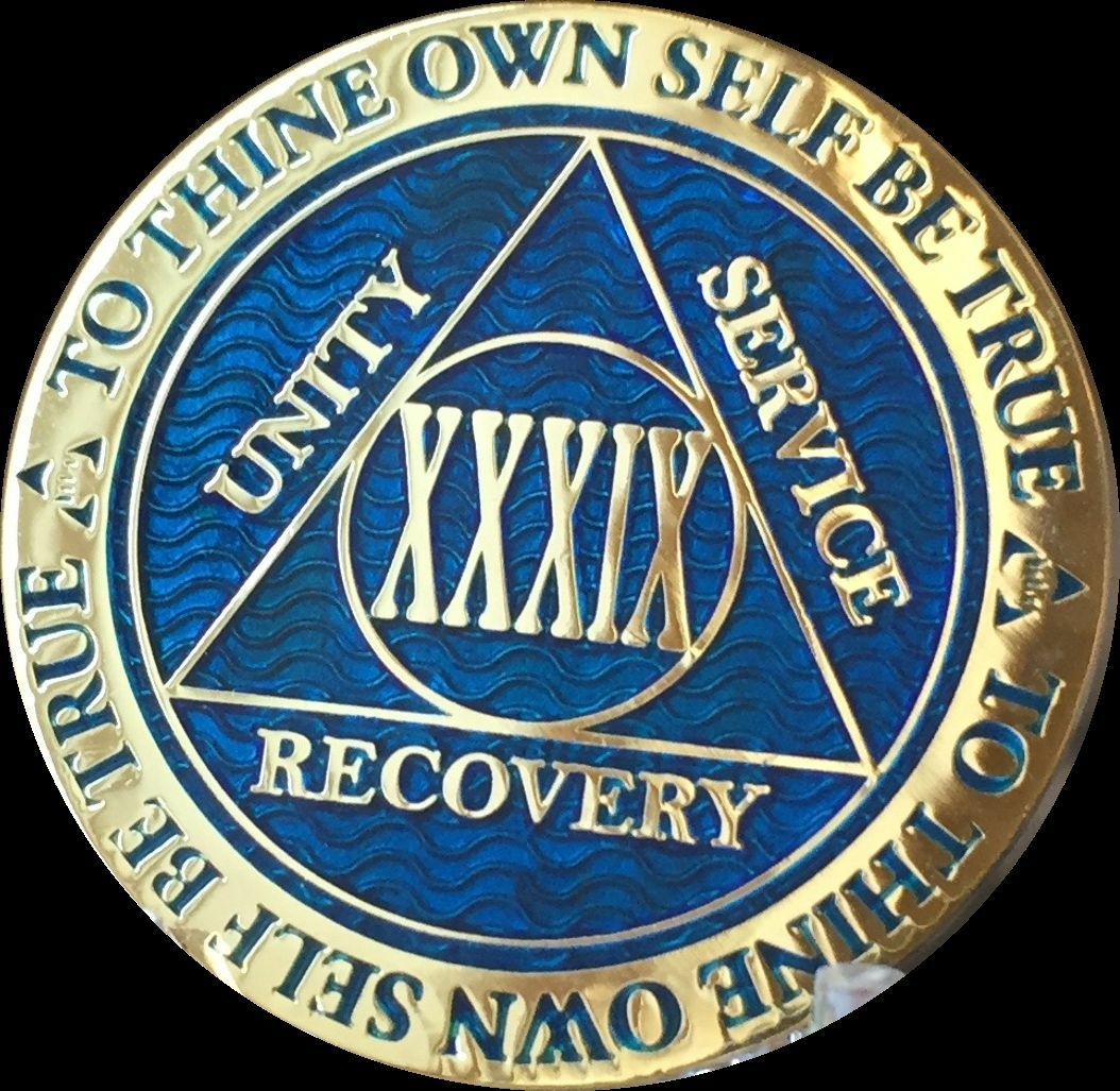39 Year AA Medallion Blue Gold Plated Alcoholics Anonymous Sobriety ...