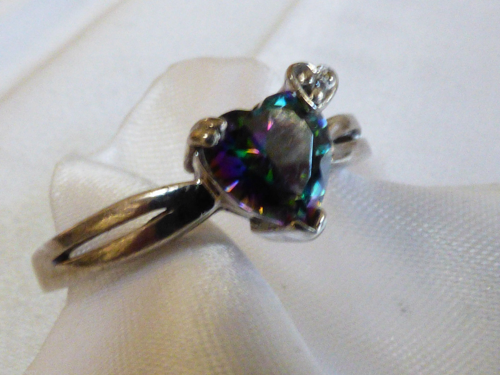 Sterling Silver 925 Mystic Topaz And Diamond Two Heart Ring Band Sz 9 25