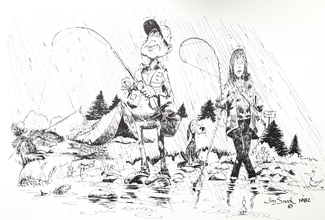Vintage Jim Snook Studio Print Comic Artist 1982 Fishing In The Rain - Art