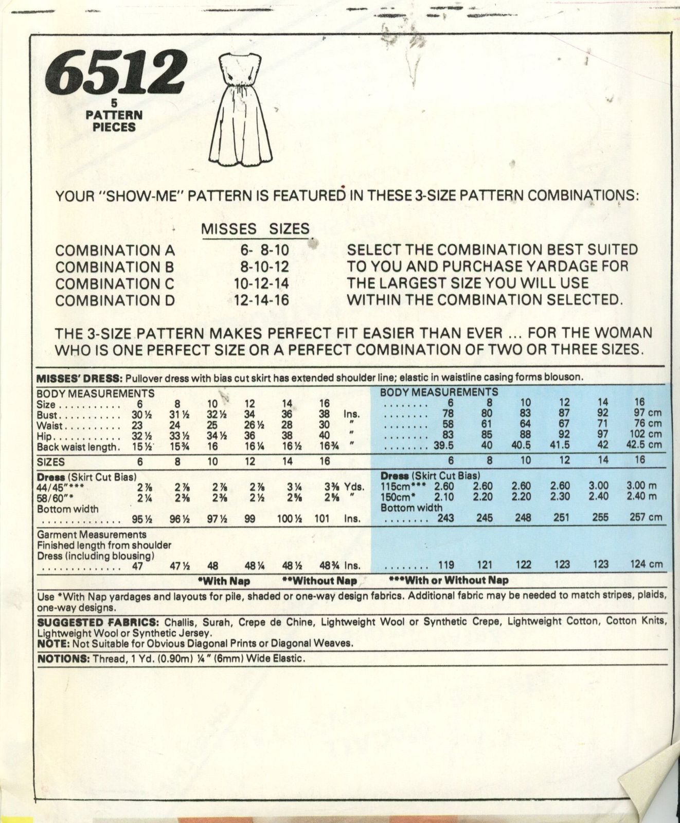 McCall's Sewing Pattern 6512 Misses Dress Sizes: 10-12-14 Uncut - Sewing