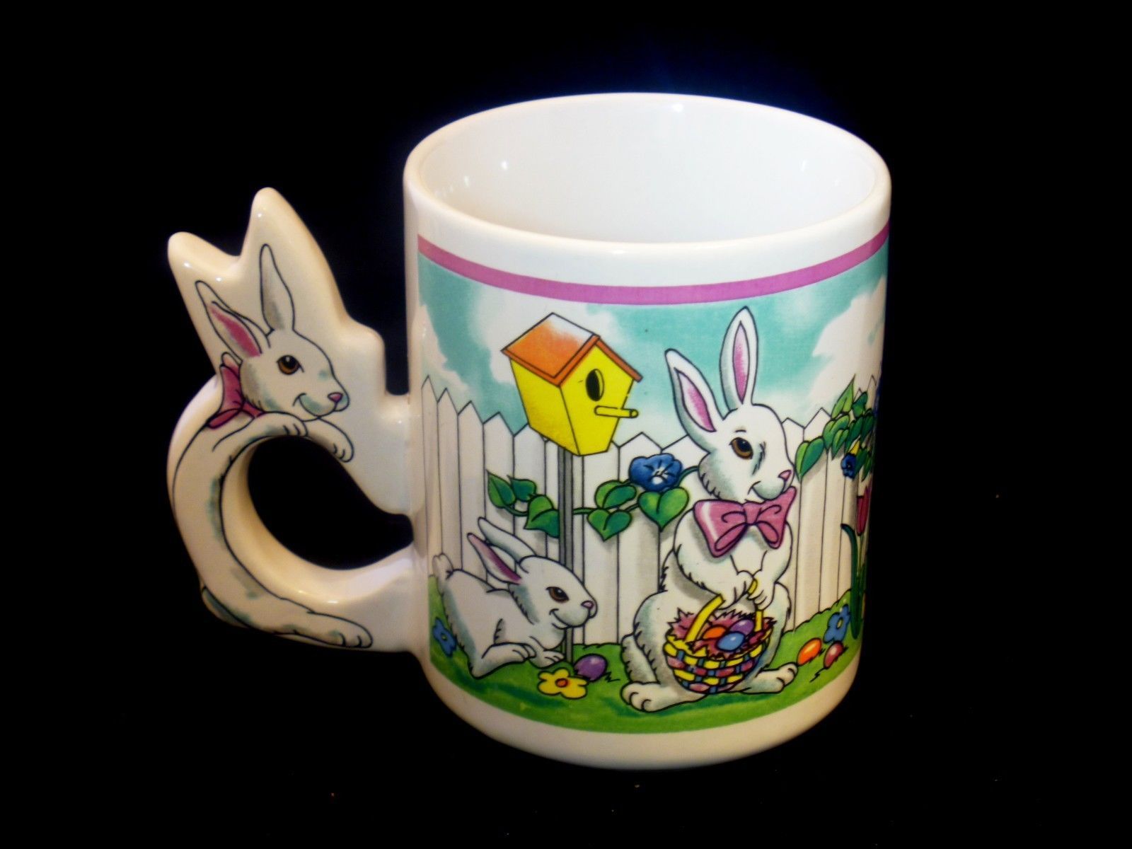 Easter white bunnies coffee mug with Bunny handle tulips & spring ...