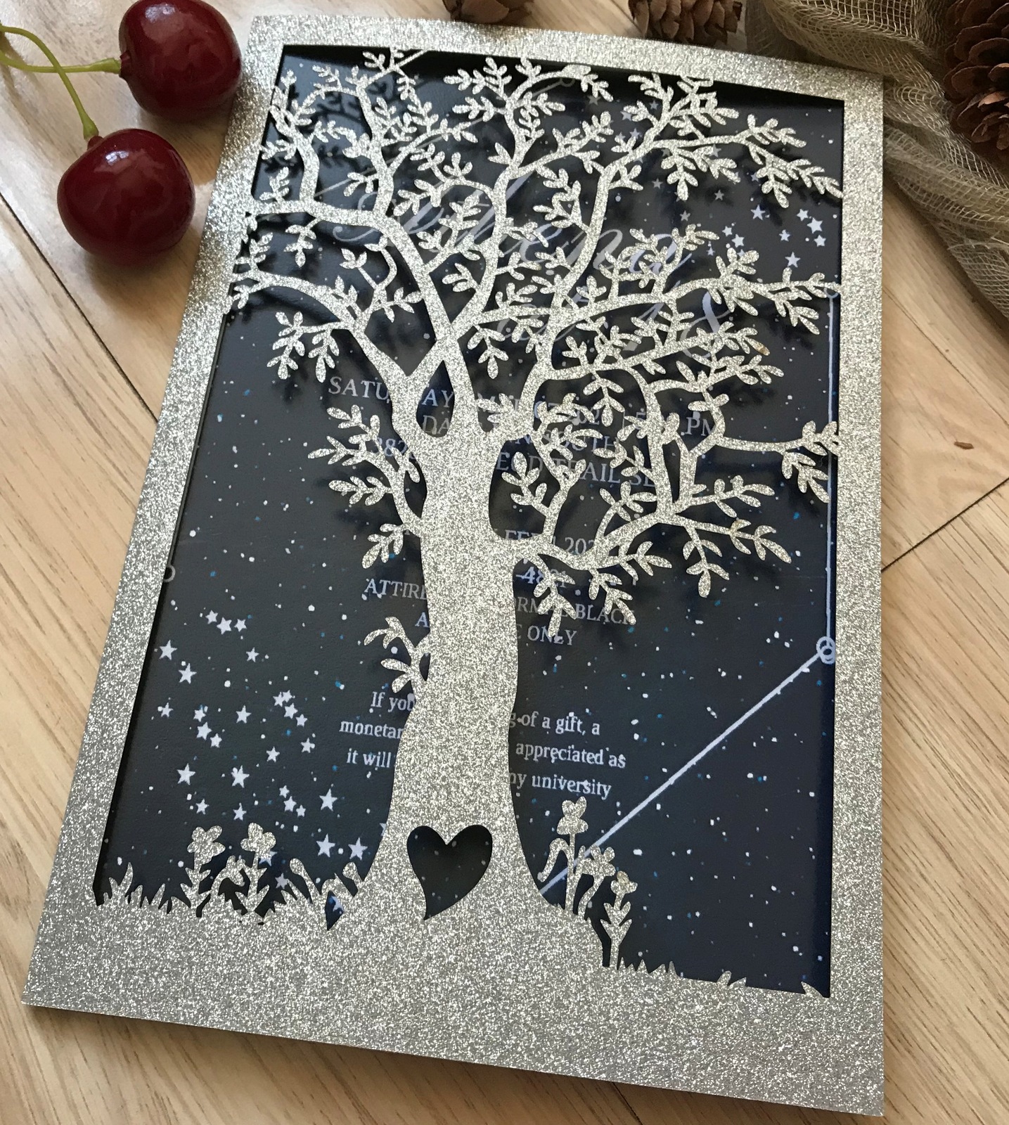 50pcs Glitter Silver Laser Cut Wedding Card,Tree laser cut invitation ...