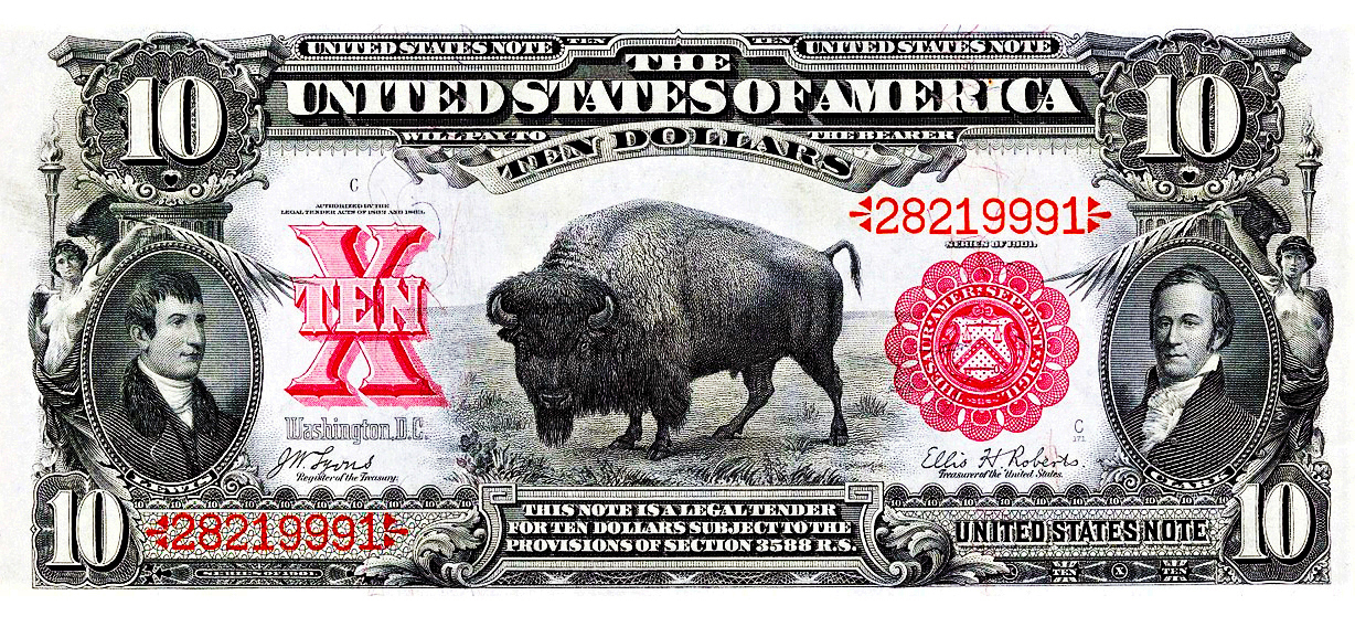 Replica 1901 $10 BUFFALO US Banknote, Large size, RED seals, Buffalo ...