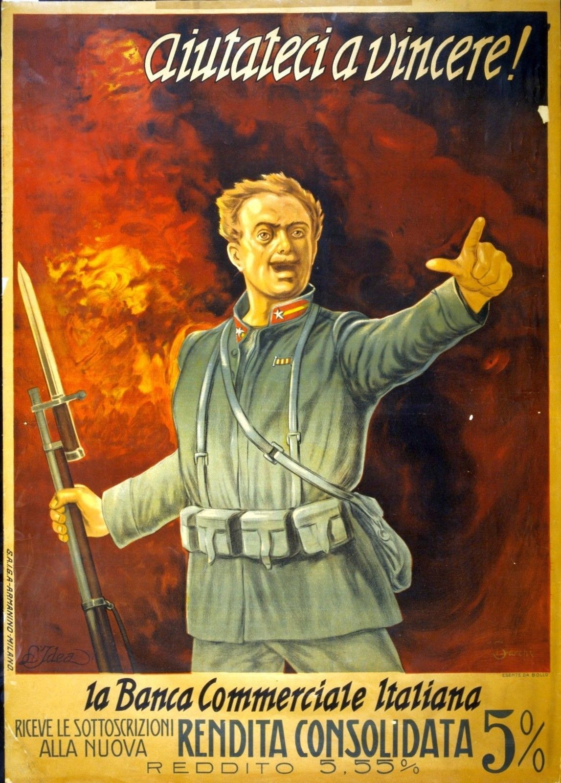 WWI PROPAGANDA POSTER WW1 Italian soldier holding bayoneted rifle war ...