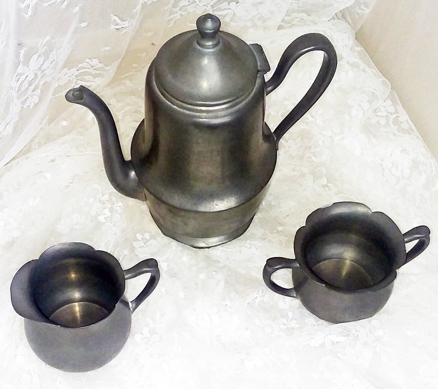 Antique Crescent Pewter 3 Piece Coffee Tea Service #1629 Scalloped Edge ...