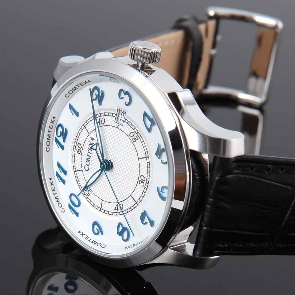 COMTEX Men's Watch Stainless Case with Simple Leather Strap Large ...