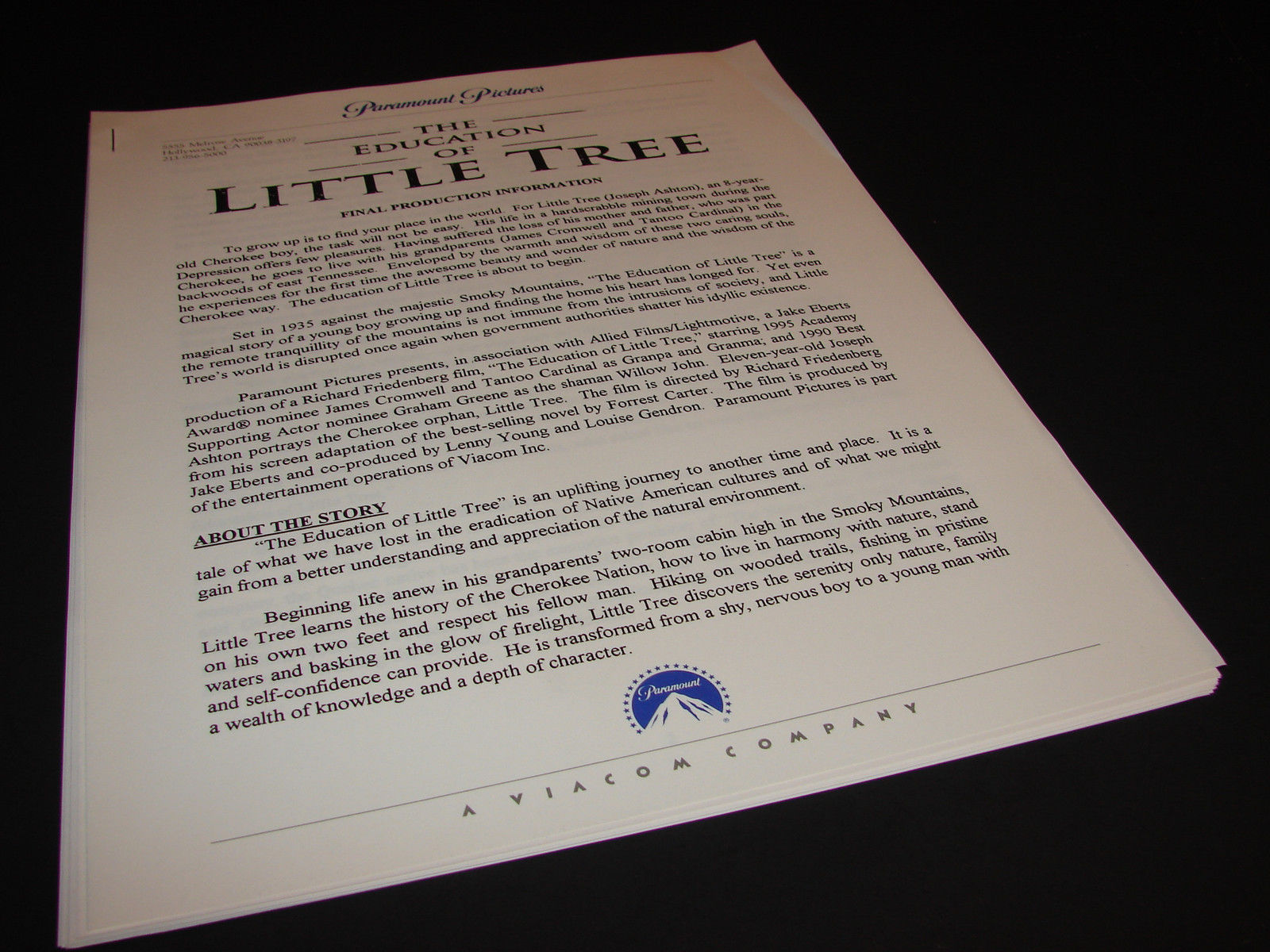 1997 THE EDUCATION OF LITTLE TREE Movie Press Kit Production Notes ...
