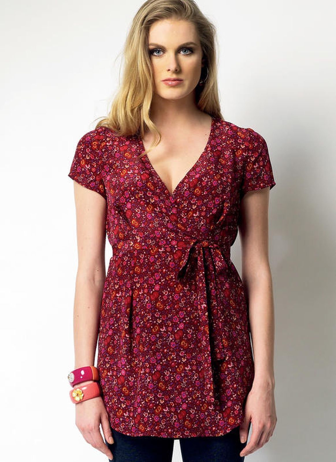 Misses Raised Waist Mock Wrap Front Cross Tops Shirts Belt Sew Pattern ...