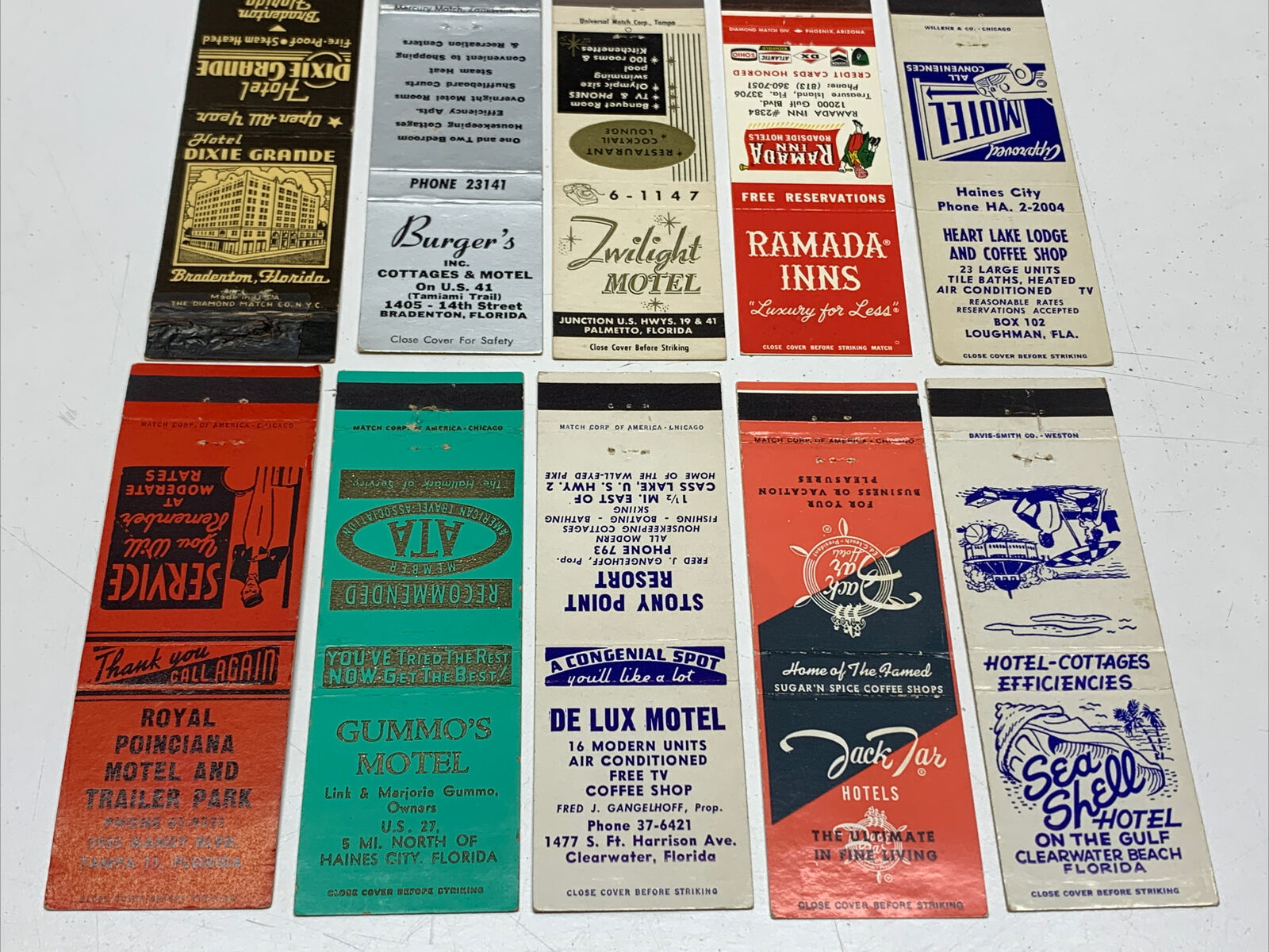 10 VINTAGE FRONT STRIKE MATCHBOOK COVERS Sea Shell Jack Far & Gummos ...