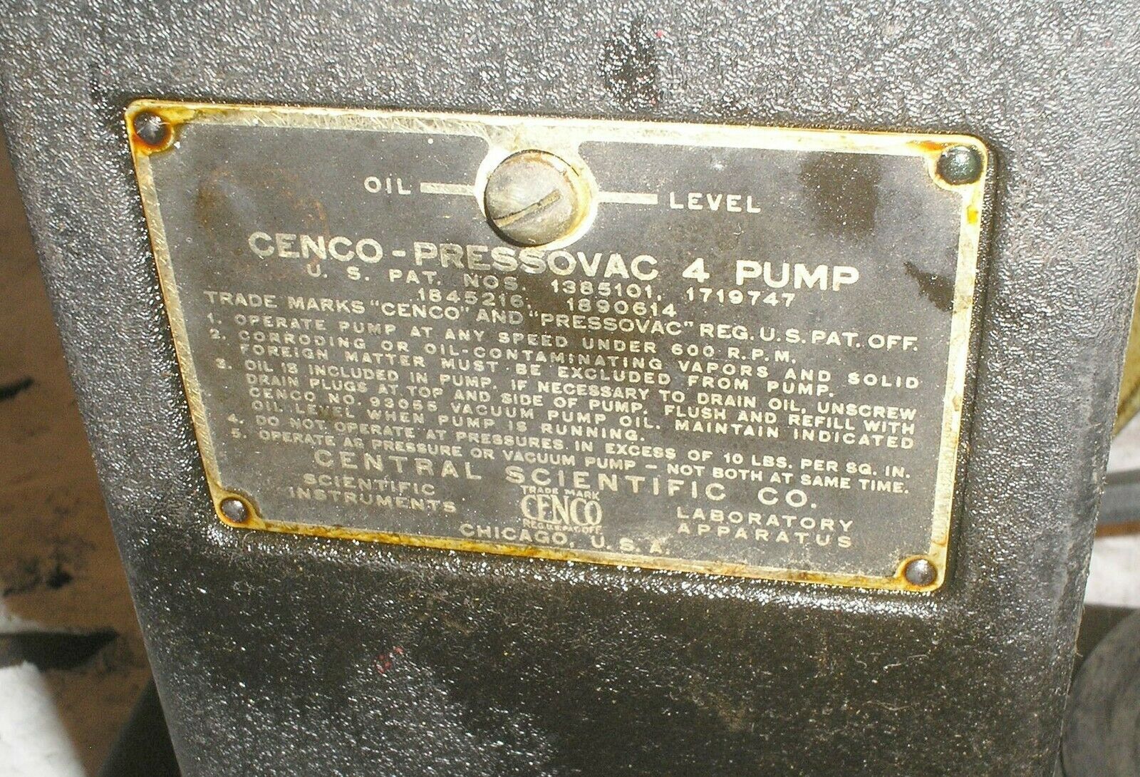 Cenco Pressovac 4 Vacuum Pump w Emerson Electric 1/4 HP Electric Motor ...