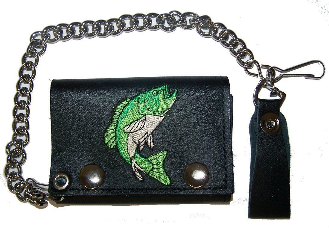 EMBROIDERED BASS FISH TRI FOLD BIKER WALLET With CHAIN mens LEATHER ...