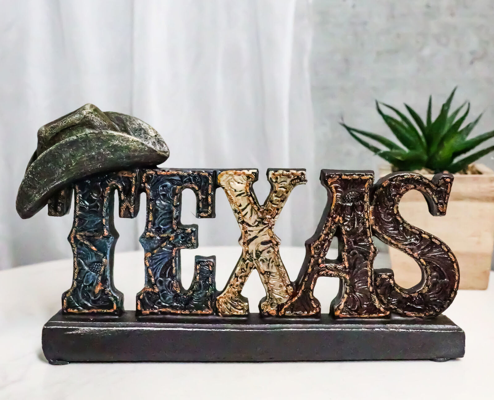 Rustic Western Tooled Leather Texas Word Cowboy Hat Desktop Plaque ...