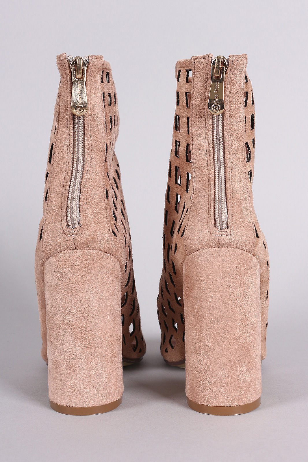 Nude Perforated Open Peep Toe Booties Chunky Block Heel Suede Ankle Boot Beige Heels