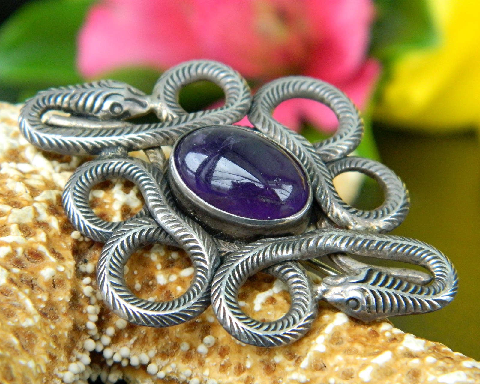 Vintage Coiled Snakes Brooch Pin Amethyst Cabochon Sterling Silver 925 ...