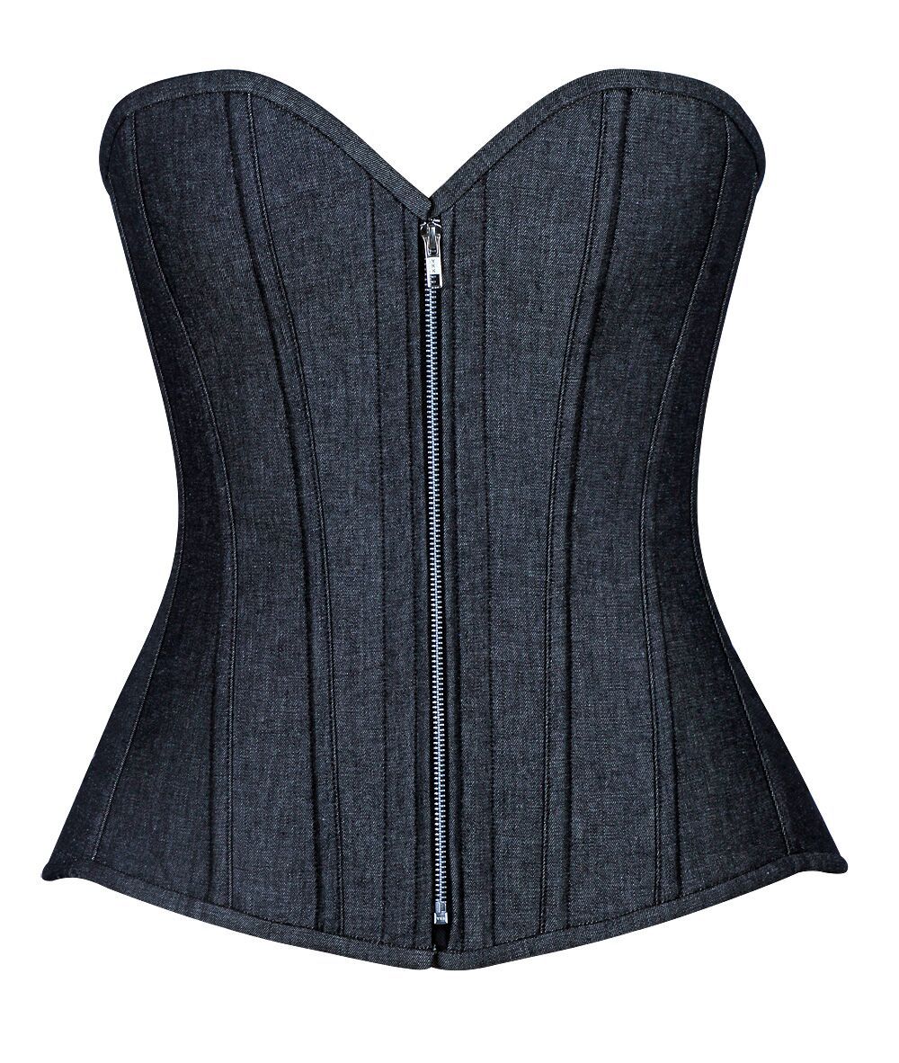 Zipper Front Overbust Denim Black Steel Bone Corset Corsets And Bustiers