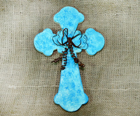 Inspirational Tourqoise Cross with a Rusty Tin Bow - Crucifixes & Crosses