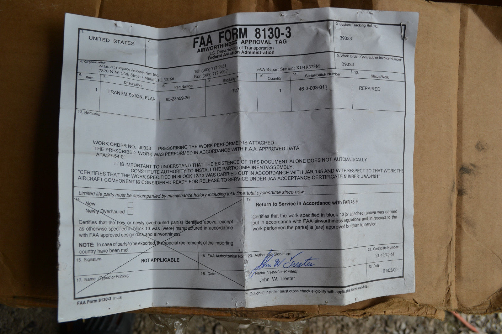 Boeing Flap Transmission P/N 65-23560-36 Repaired w/ FAA form 8130-3 ...