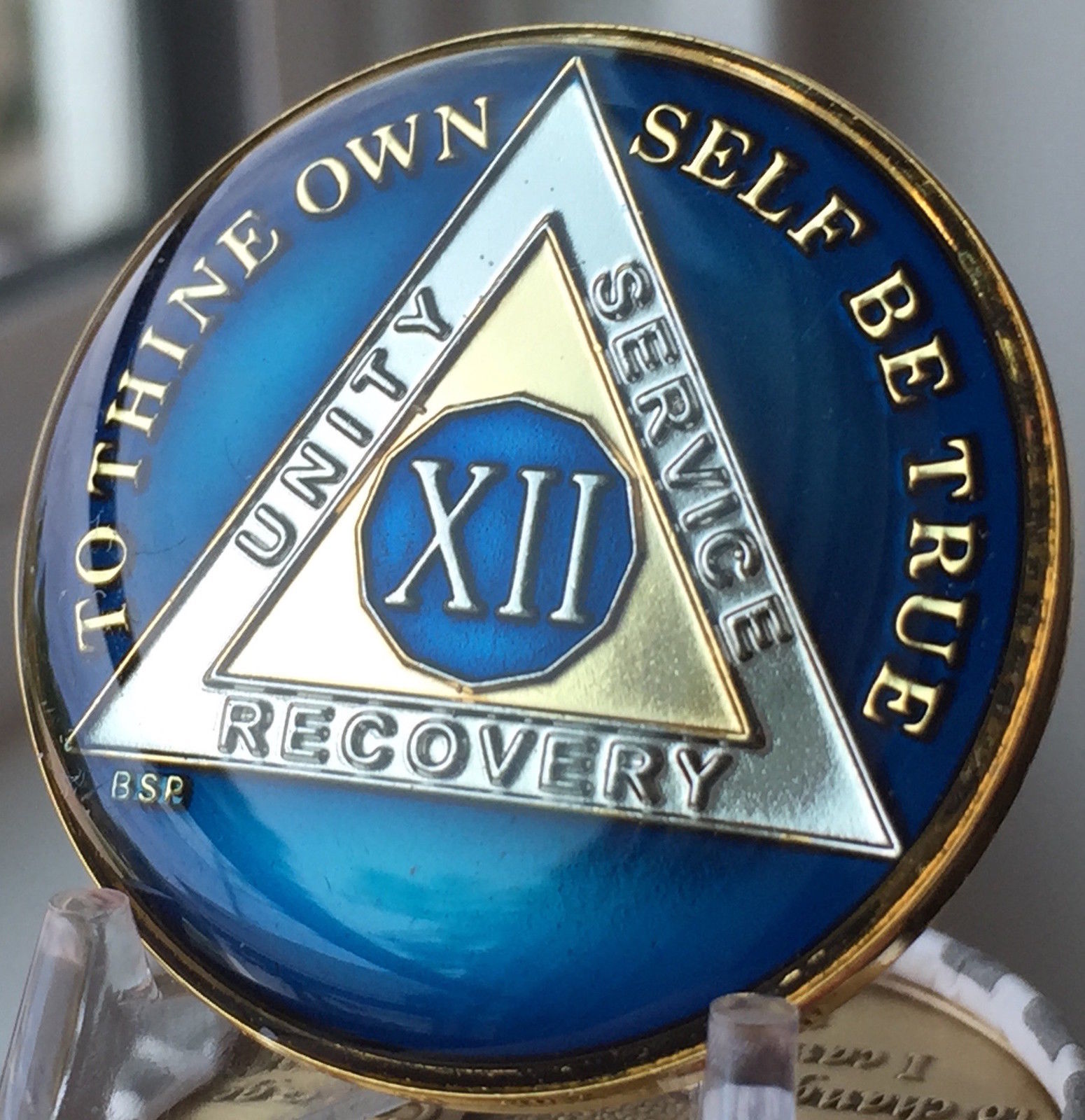 12 Year Midnight Blue AA Medallion Alcoholics Anonymous Chip Gold Tri ...