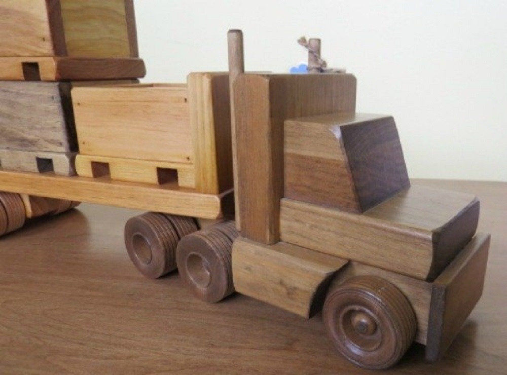 Flatbed Tractor Trailer Wood SKID TOY TRUCK w Crates Pallets Homeschool ...
