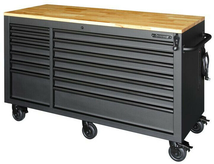 Husky Mobile Workbench 62 in. 14-Drawer Adjustable-Height Wood Top ...