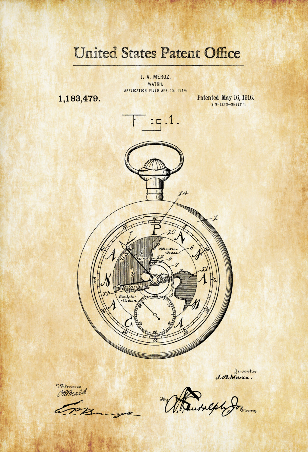 Pocket Watch Patent 1916 - Patent Print, Watch Art, Pocket Watch ...