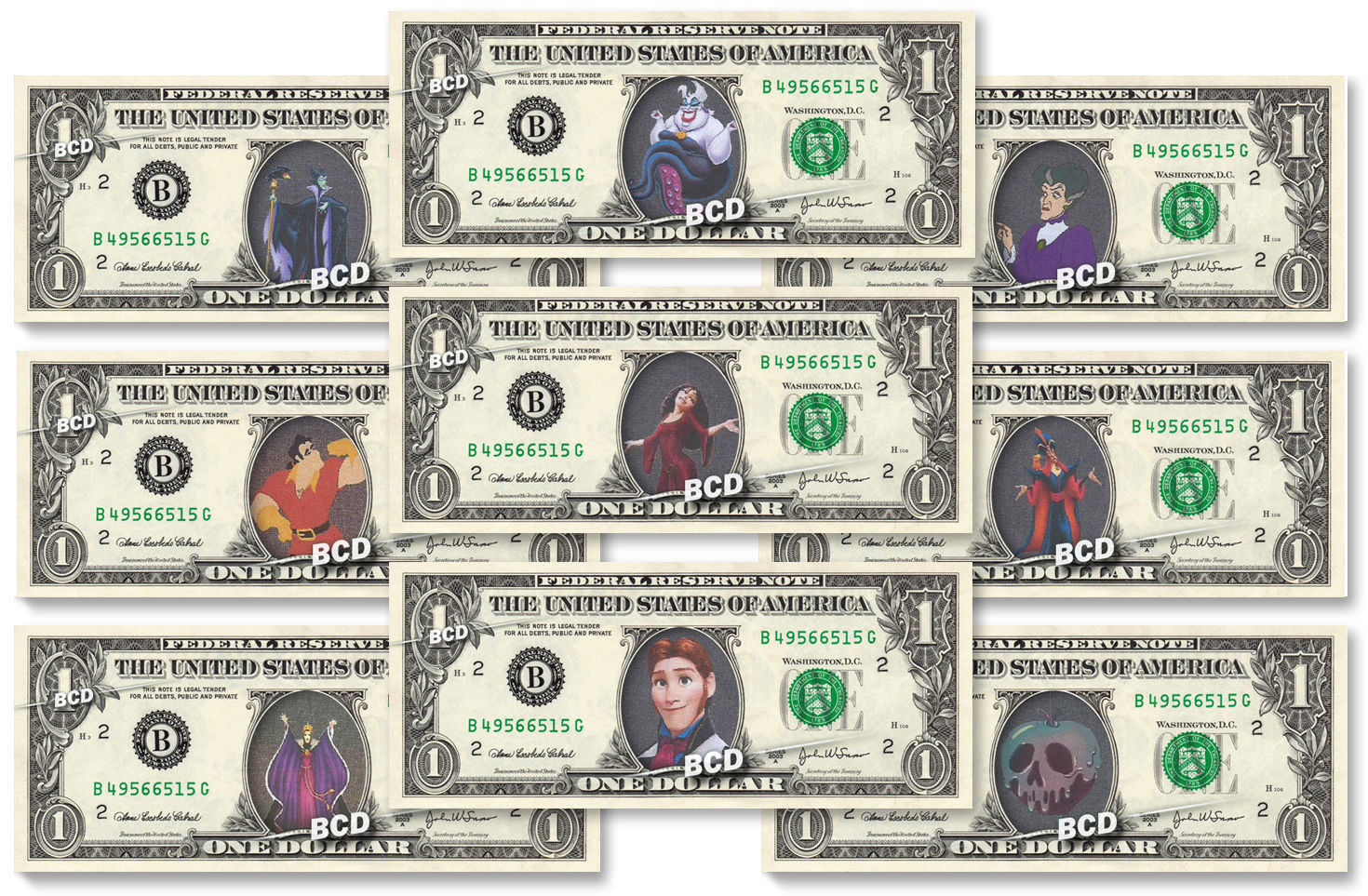 Disney VILLIANS COLLECTION ( 9 Bills ) on REAL Dollar Bill Cash Money ...
