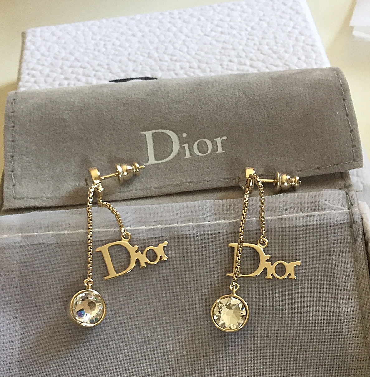 DIOR by DIOR Iconic Logo Drop Gold Stud Earrings Swarovski Crystal ...