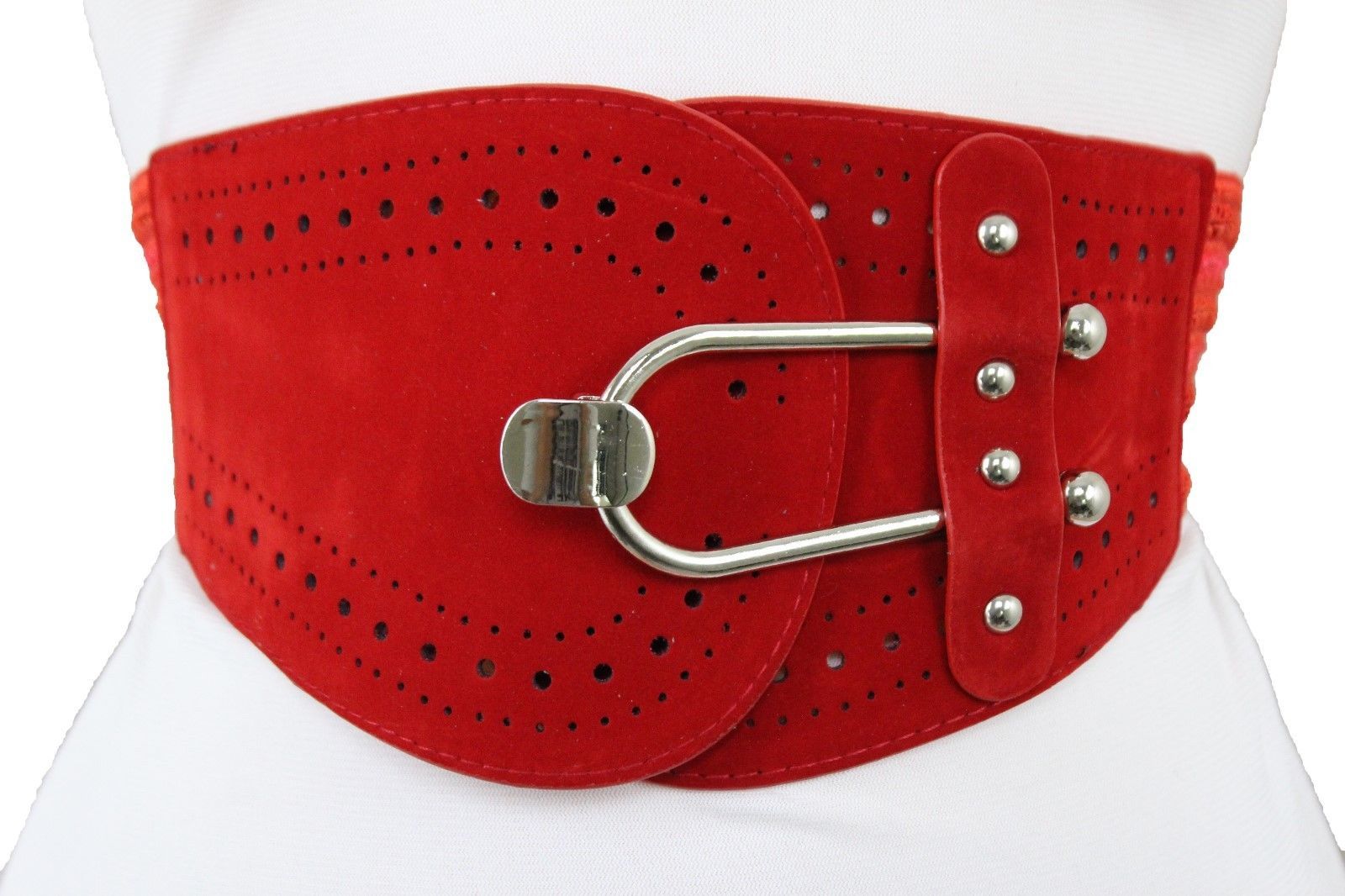 Women Fashion Red Elastic Belt Hip High Waist Silver Metal Hook Buckle