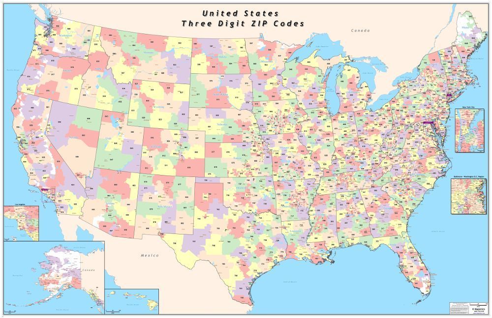 USA 3 Digit Zipcode Laminated Wall Map (City Version) - North America Maps