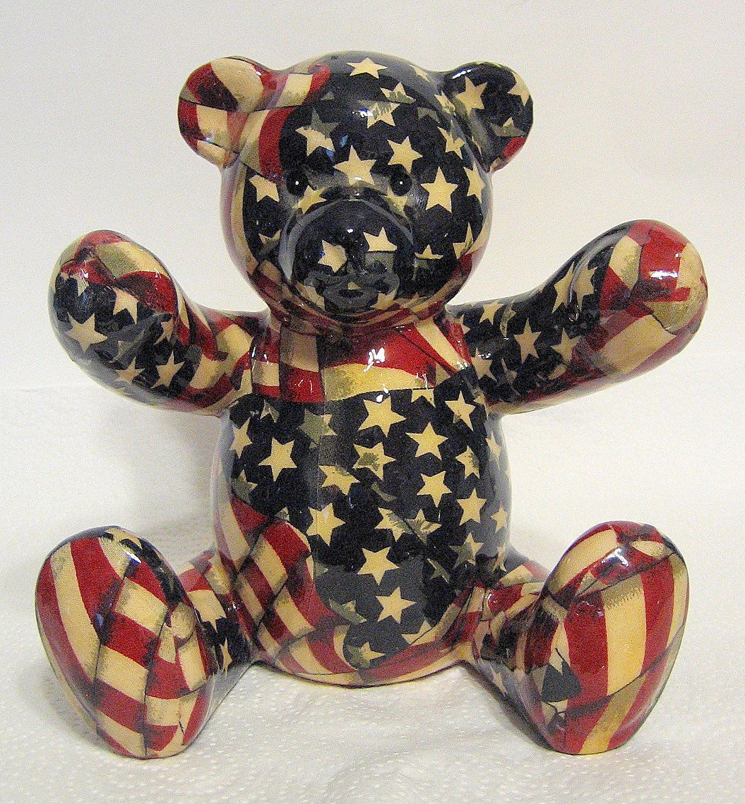 Patriotic Teddy Bear Bank Ceramic - Art Sculptures