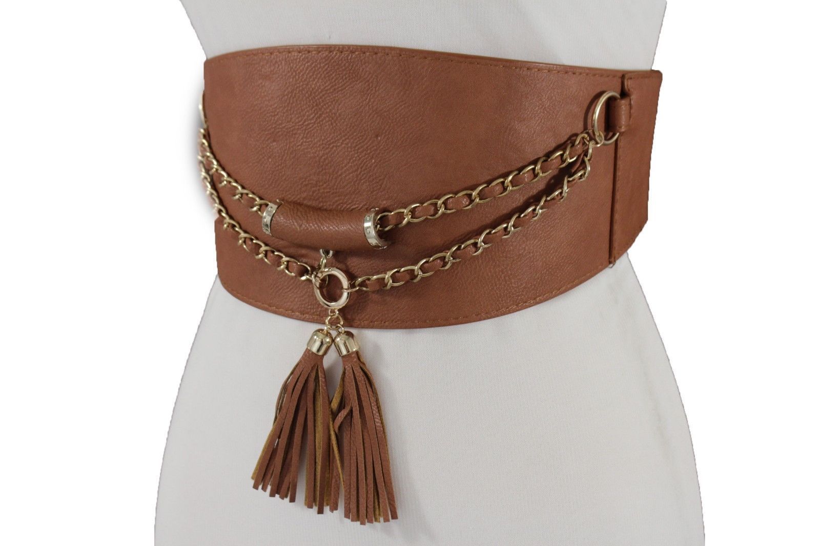 Women Belt Elastic Mocha Brown Wide Corset Hip High Waist Gold Chains
