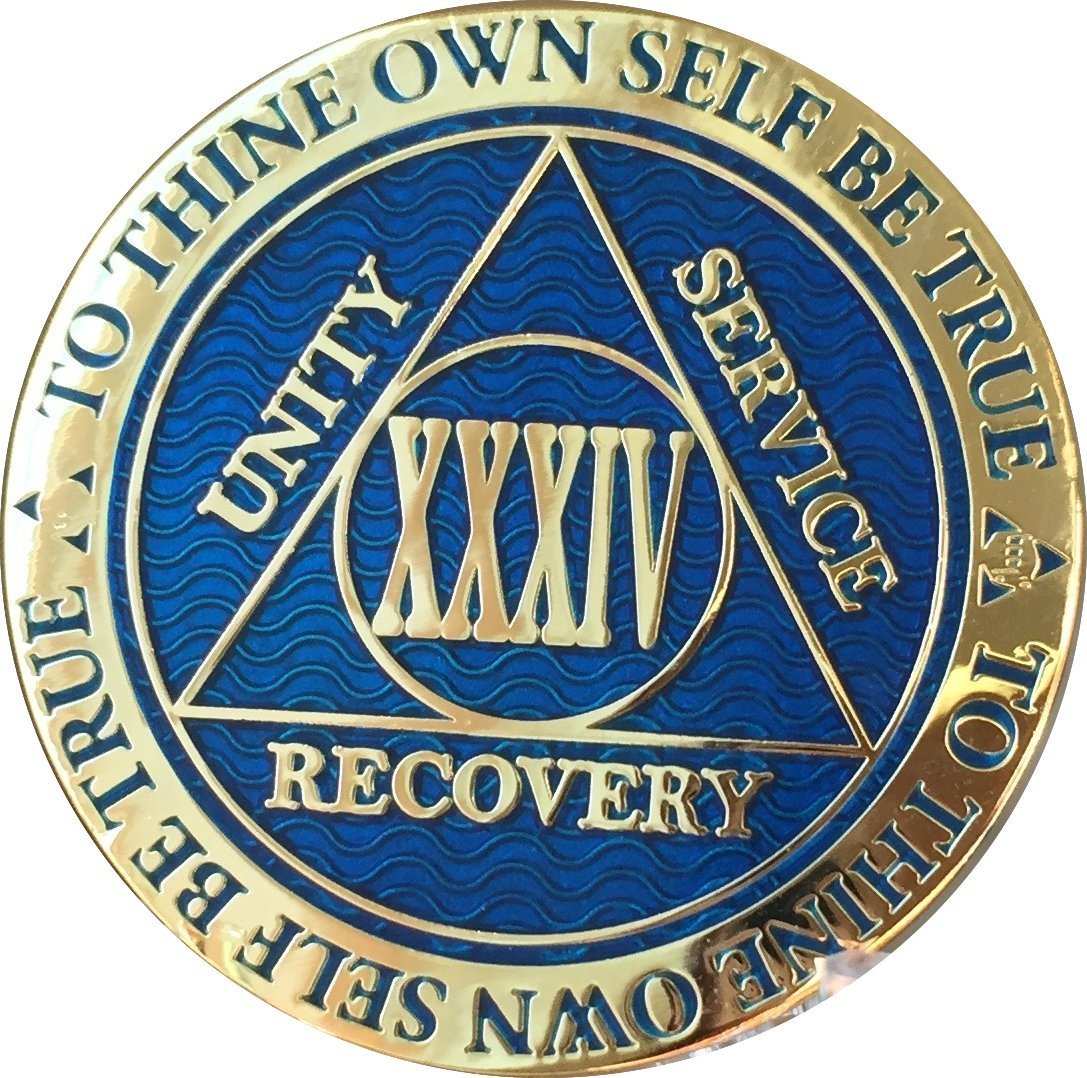 34 Year Reflex Blue Gold Plated AA Medallion Alcoholics Anonymous Chip ...