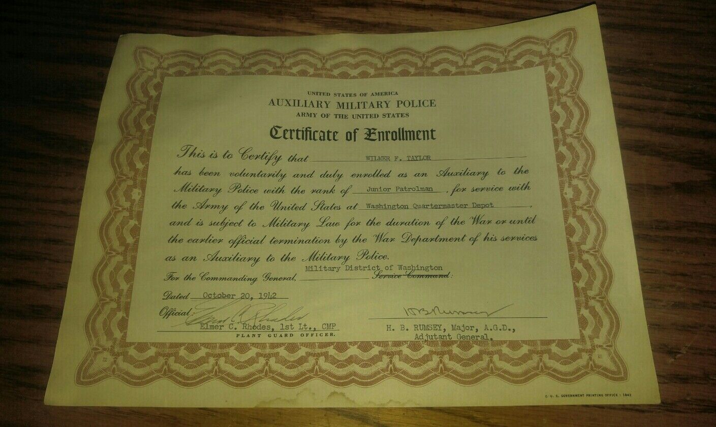 VTG 1942 AMP Auxiliary Military Police Army Enrollment Certificate Jr ...