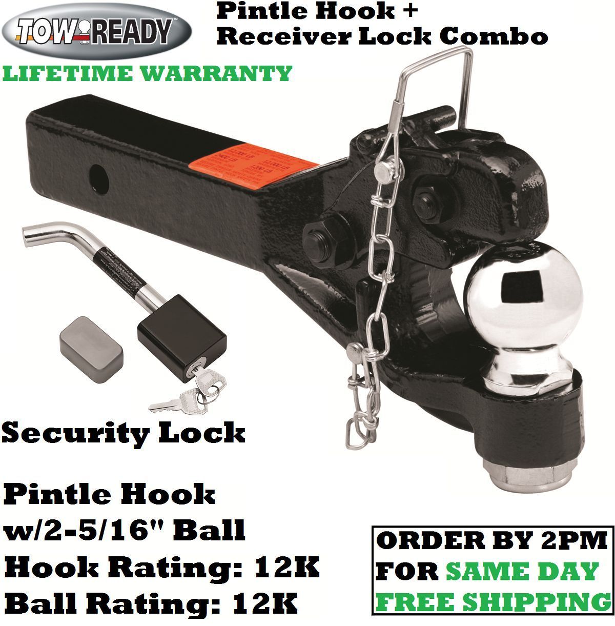TOW READY PINTLE HOOK 12,000 lbs. w/ 2-5/16" BALL + BENT PIN RECEIVER ...