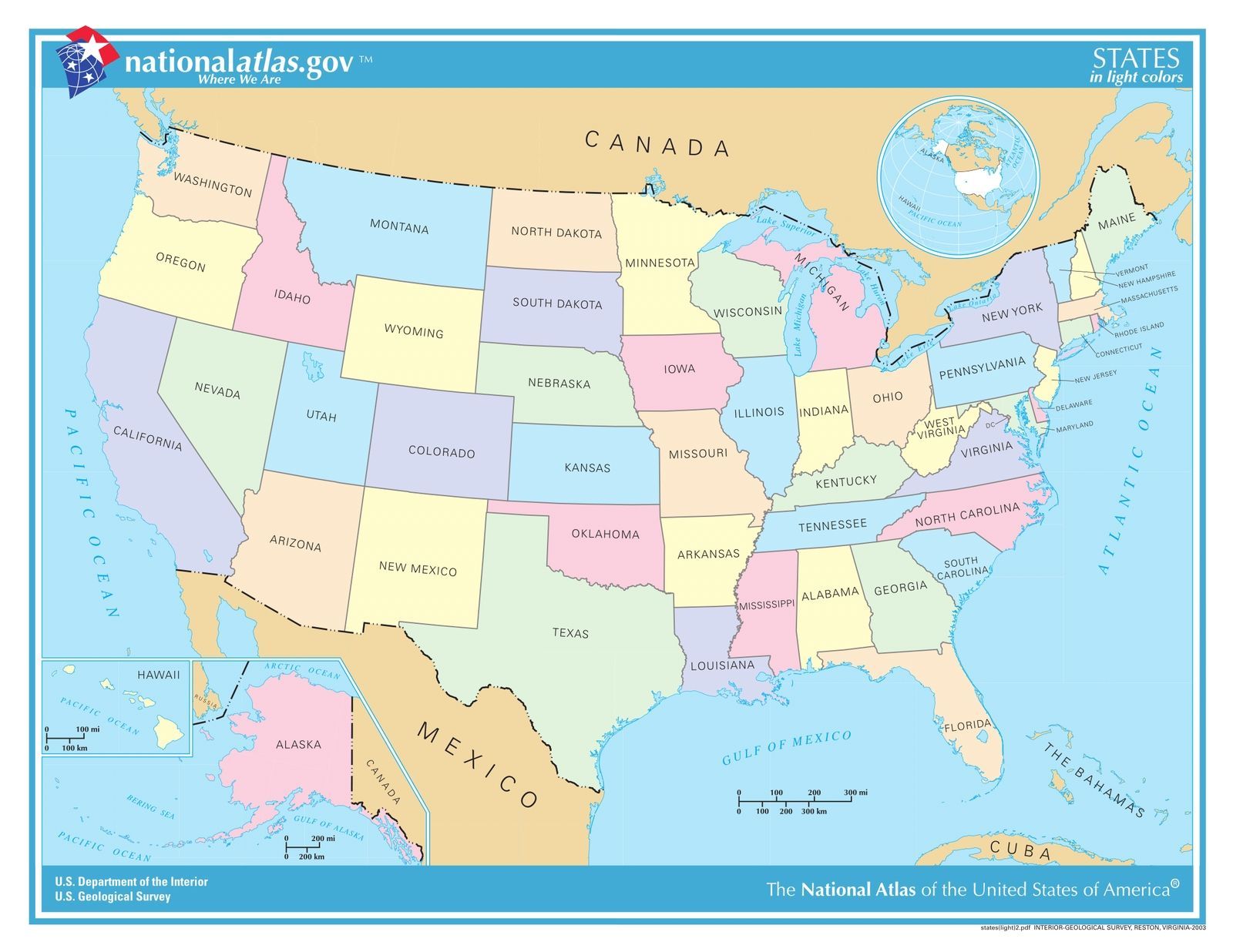 USA States (Light Colors) Laminated Wall Map - US